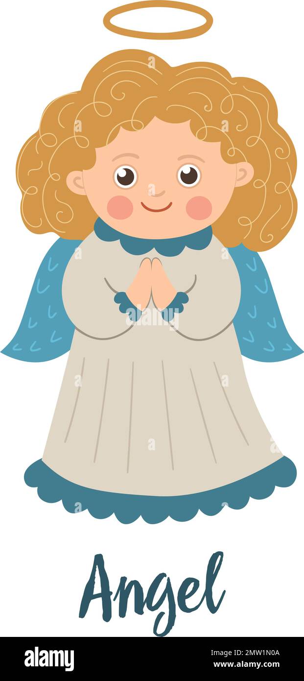 Vector Angel with curly golden hair and halo. Cute winter saint ...