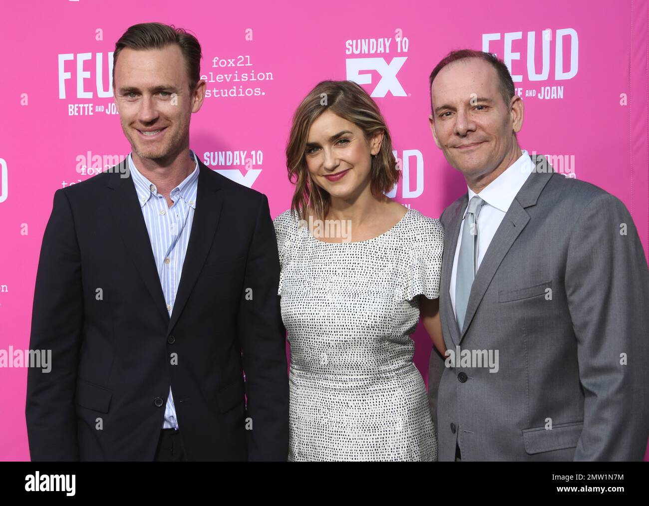 John J. Gray, from left, Gina Welch and Tim Minear arrive at the "Feud: Bette and Joan" FYC ...