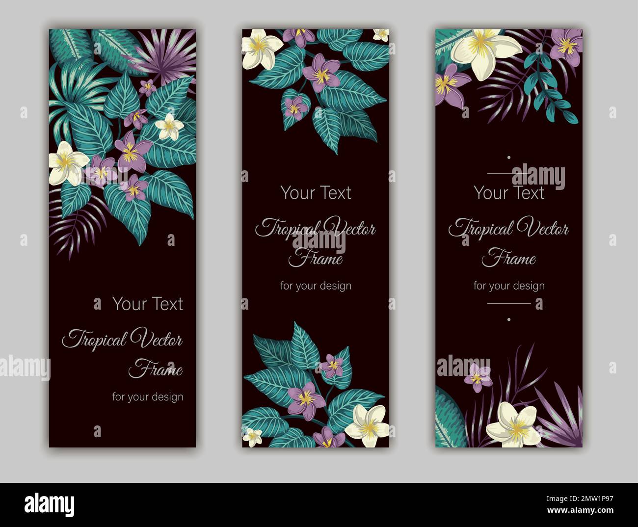Vector bookmarks with green tropical leaves, plumeria and hibiscus ...