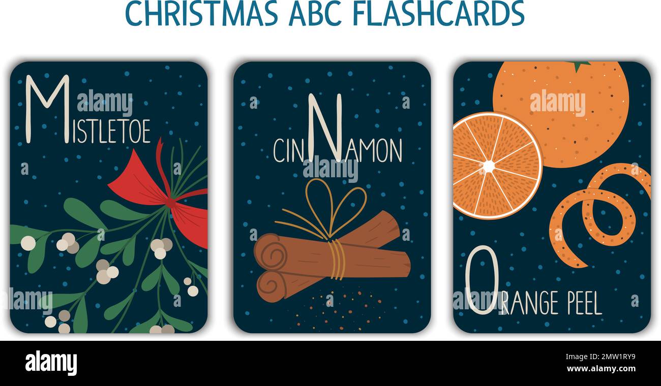 Colorful alphabet letters M, N, O. Phonics flashcard. Cute Christmas ...