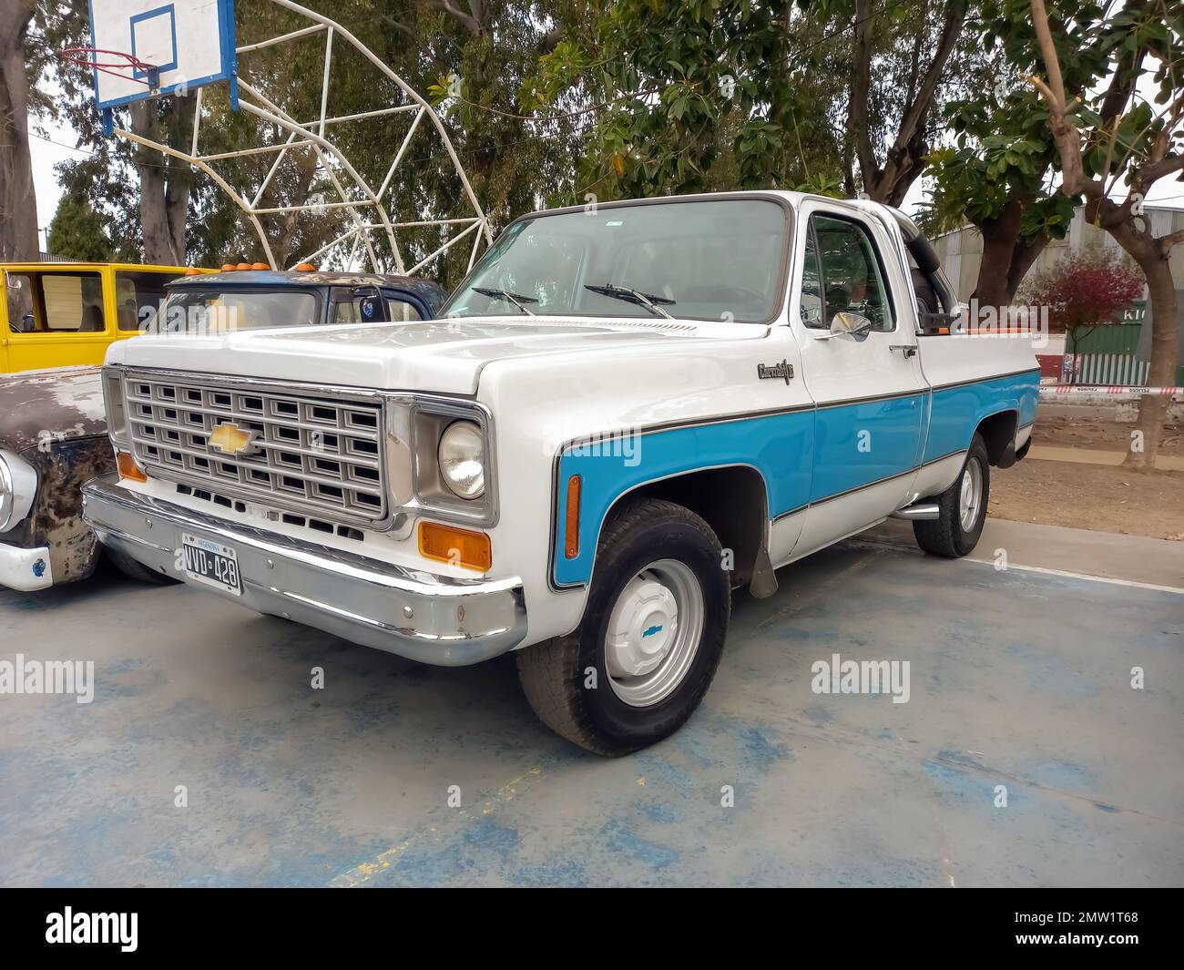 old white and blue 1970s Chevrolet Chevy C 10 Rounded Line pickup truck ...