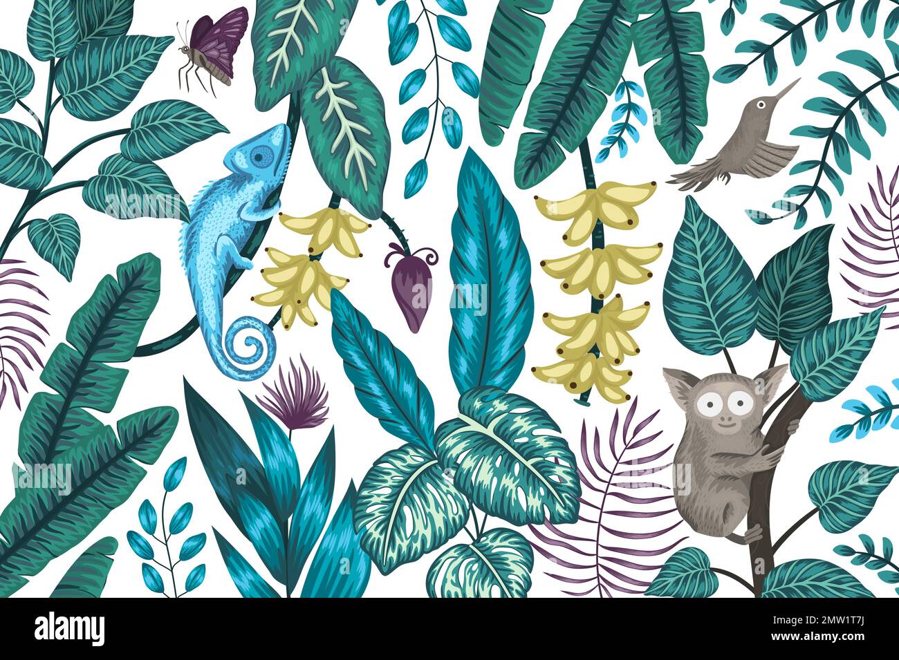 Vector background with tropical plants, insects and animals. Exotic ...