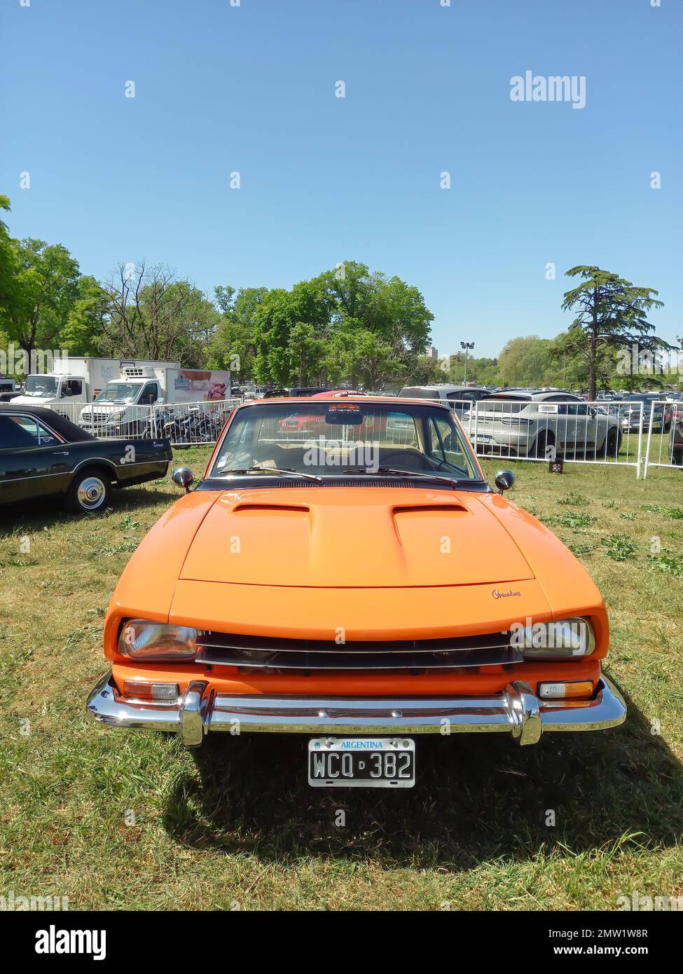Old orange 1972 IKA Renault Torino Lutteral Comahue sport coupe in park ...