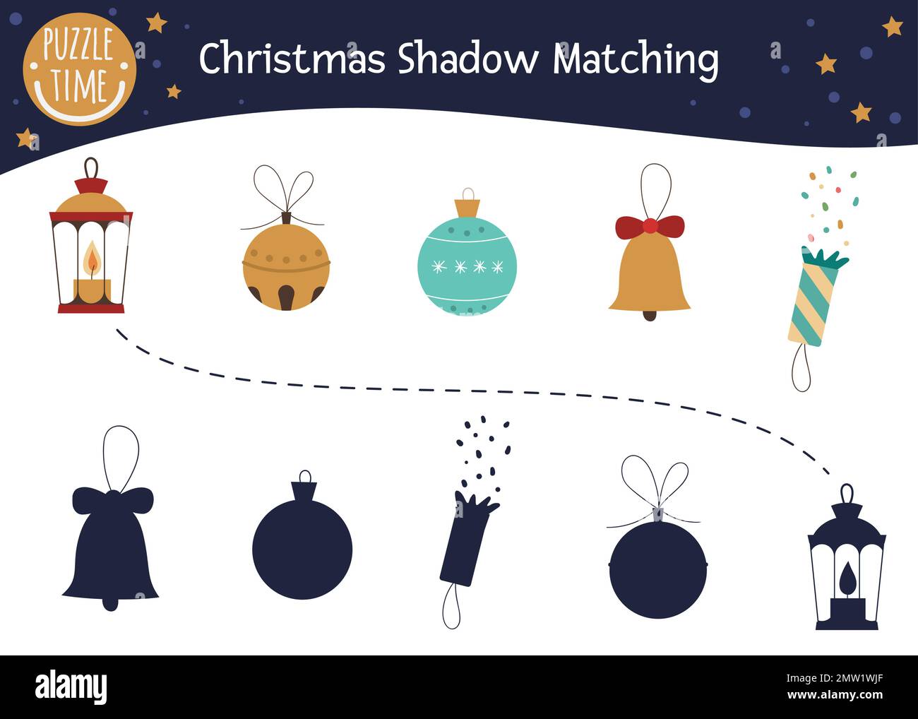 Christmas shadow matching activity for children. Cute funny lantern ...