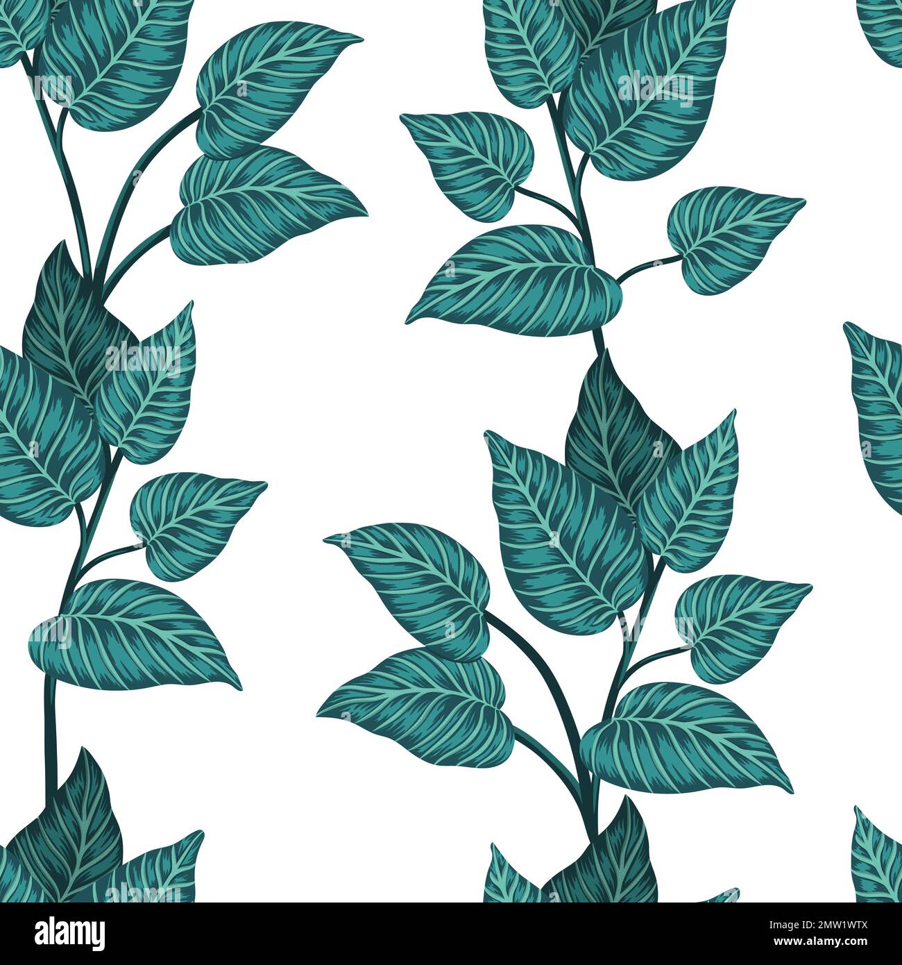 Vector seamless pattern of tropical plants on white background. Repeat ...
