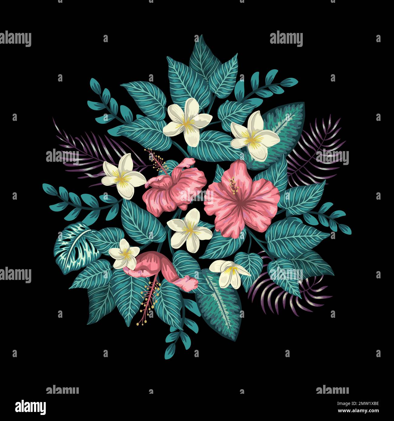 Vector tropical composition of pink hibiscus, white plumeria, monstera ...