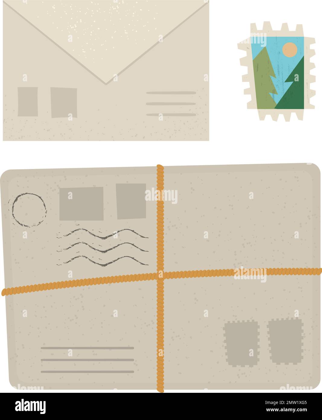 Vector flat illustration of a parcel, letter and stamp. Post objects ...