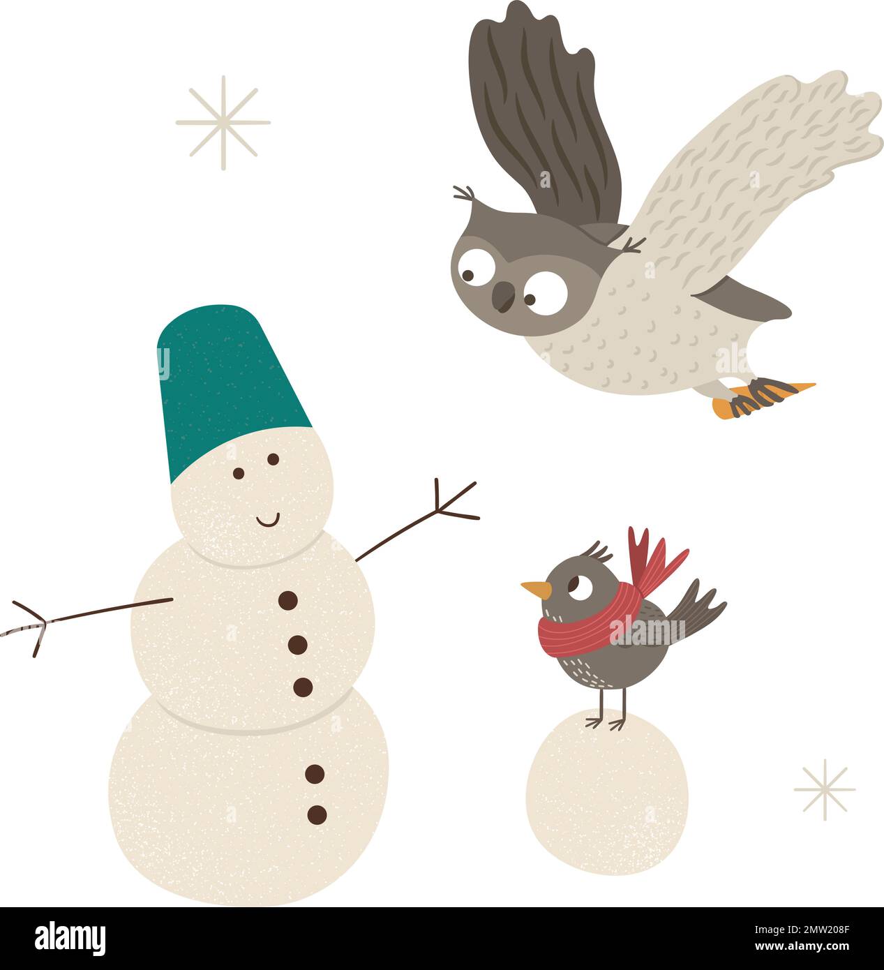 Vector illustration of birds building snowman. Cute woodland animals ...