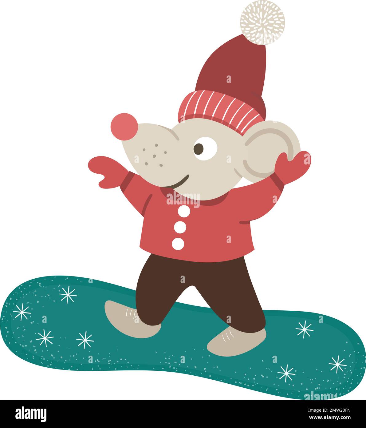 Vector illustration of mouse in clothes snowboarding. Cute woodland ...