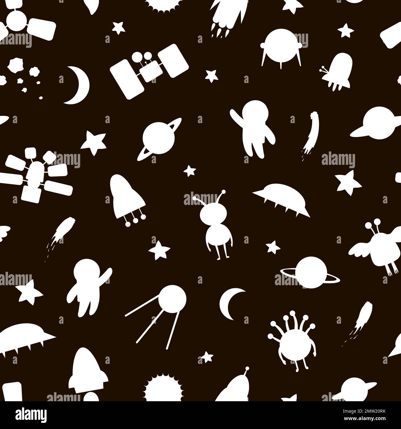 Vector seamless pattern of space white silhouettes. Black and white ...