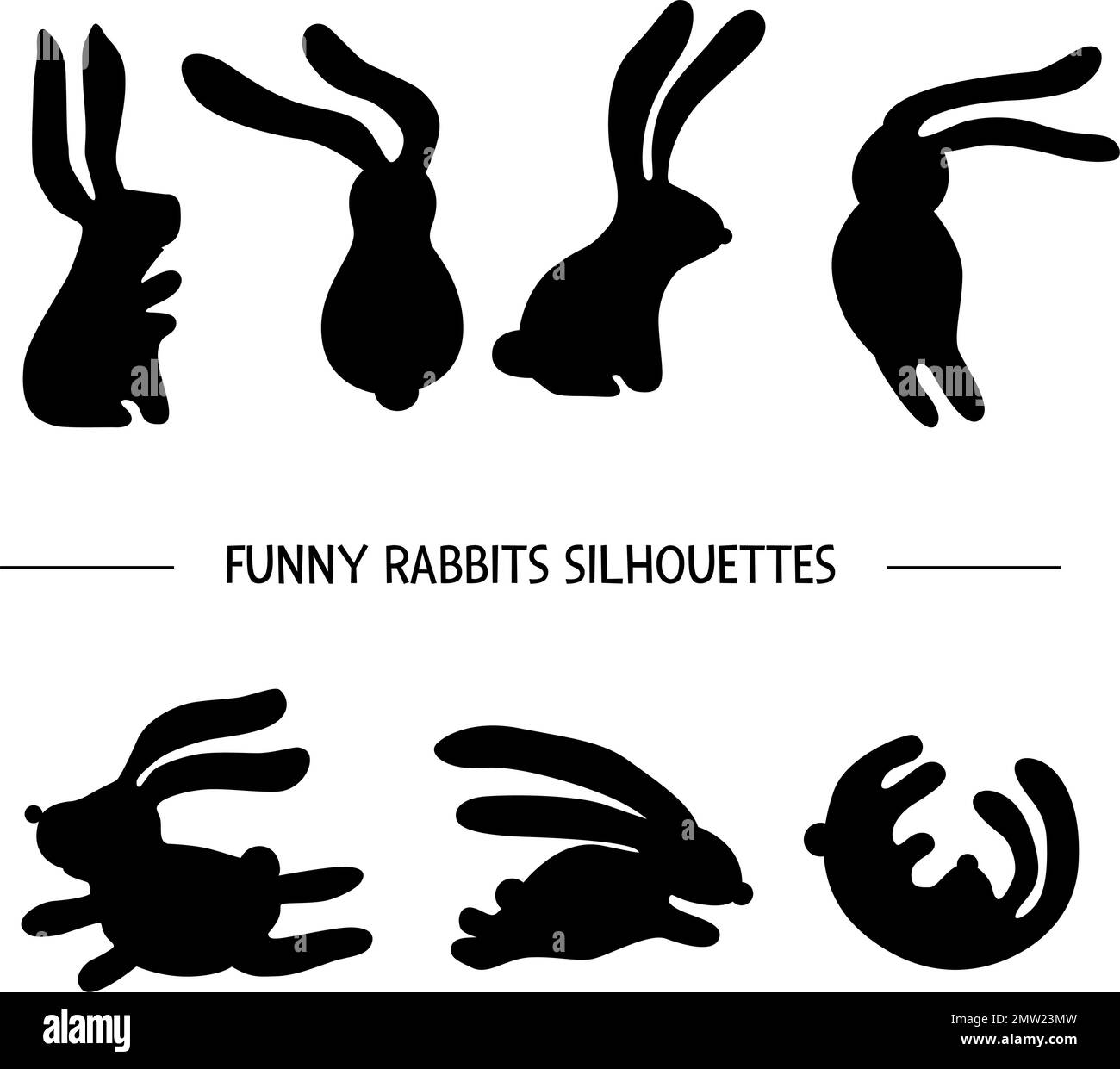 Vector set of rabbits silhouettes. Black and white illustration of ...
