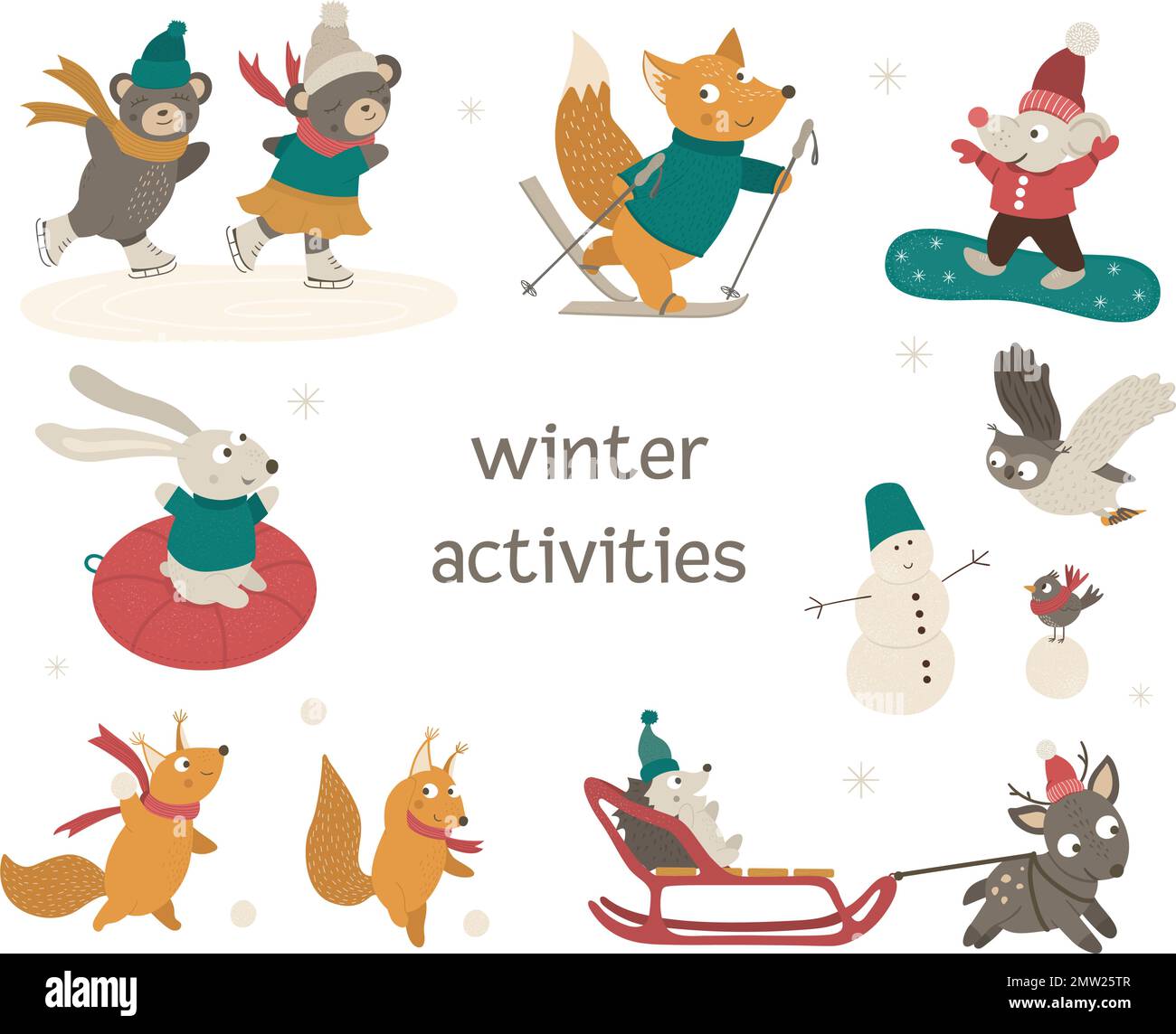Vector set of cute woodland animals doing winter activities. Funny ...