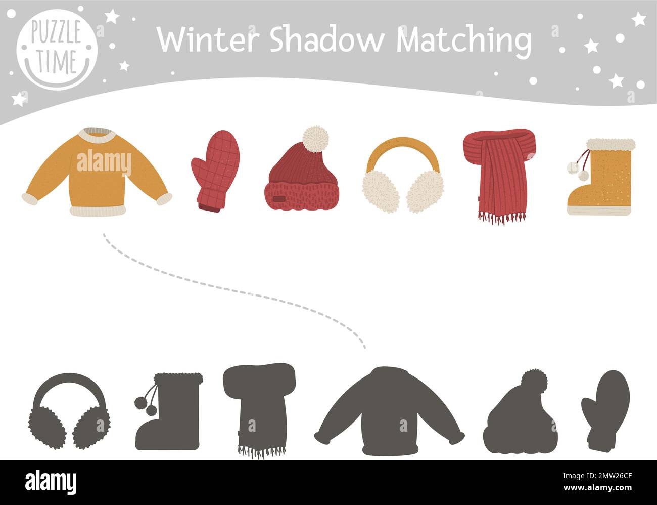 Winter shadow matching activity for children with warm clothes. Cute ...