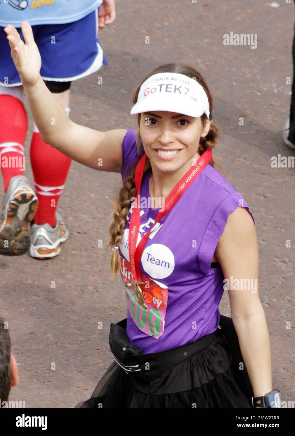 Elen Rives at the finish line following the 2011 Virgin London Marathon ...