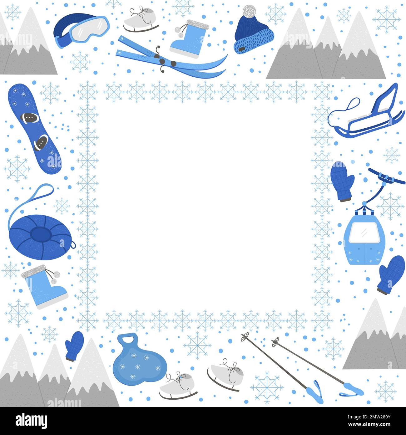 Vector square frame with objects for active winter. Cold season sport ...