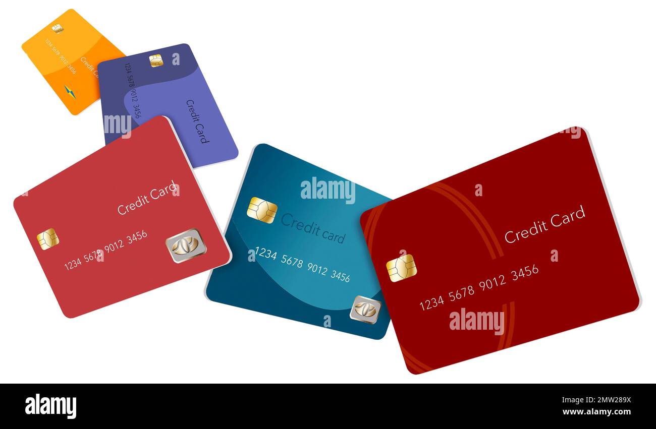 Five credit cards in various colors float through the air in this image ...