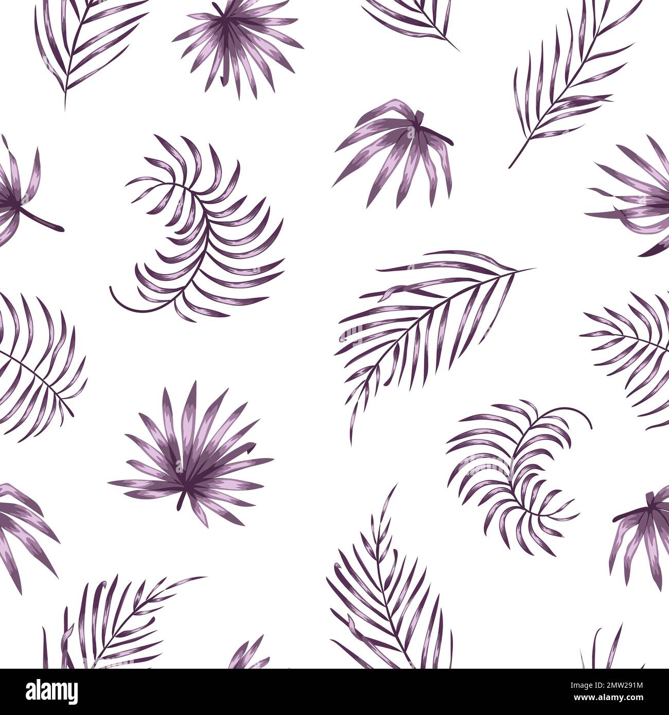 Vector seamless pattern with purple palm tree leaves on white ...