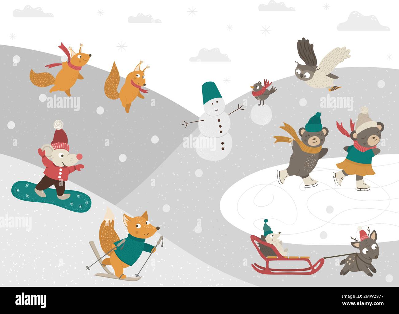 Winter scene with forest animals doing sport activities. Vector ...