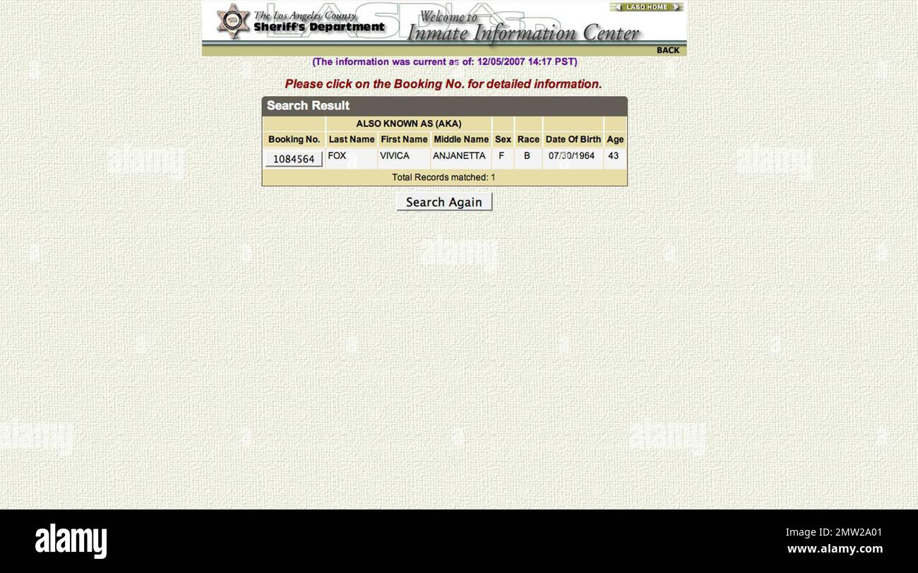 This is the booking info for Vivica A Fox. It's reported that Fox ...
