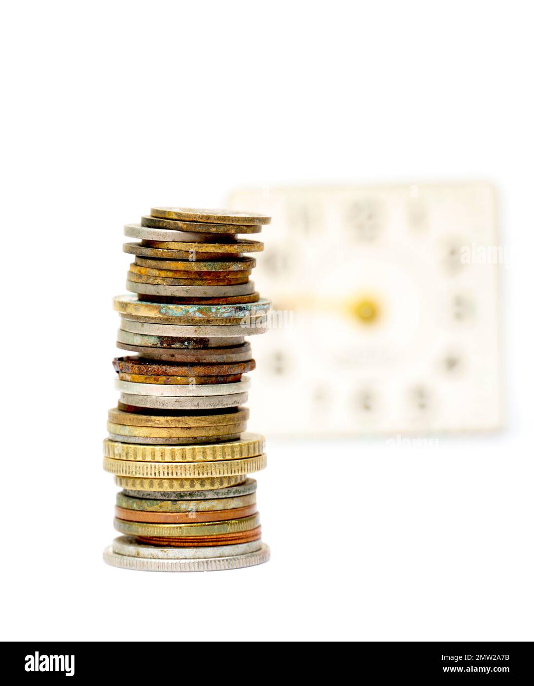 vintage rusty coins in front of alarm clock. time is money concept ...
