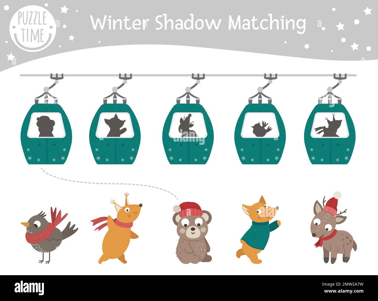 Winter shadow matching activity for children with animals in funicular ...