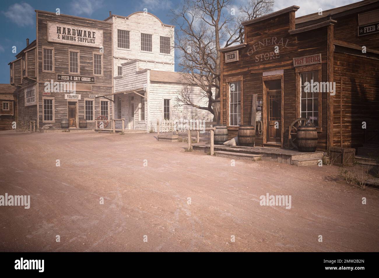 3D rendering of an empty street in an old wild west town with wooden ...