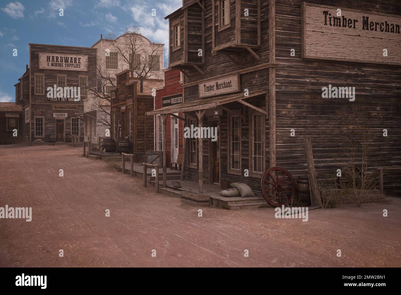 Empty old wild west town street with timber merchant, undertaker ...