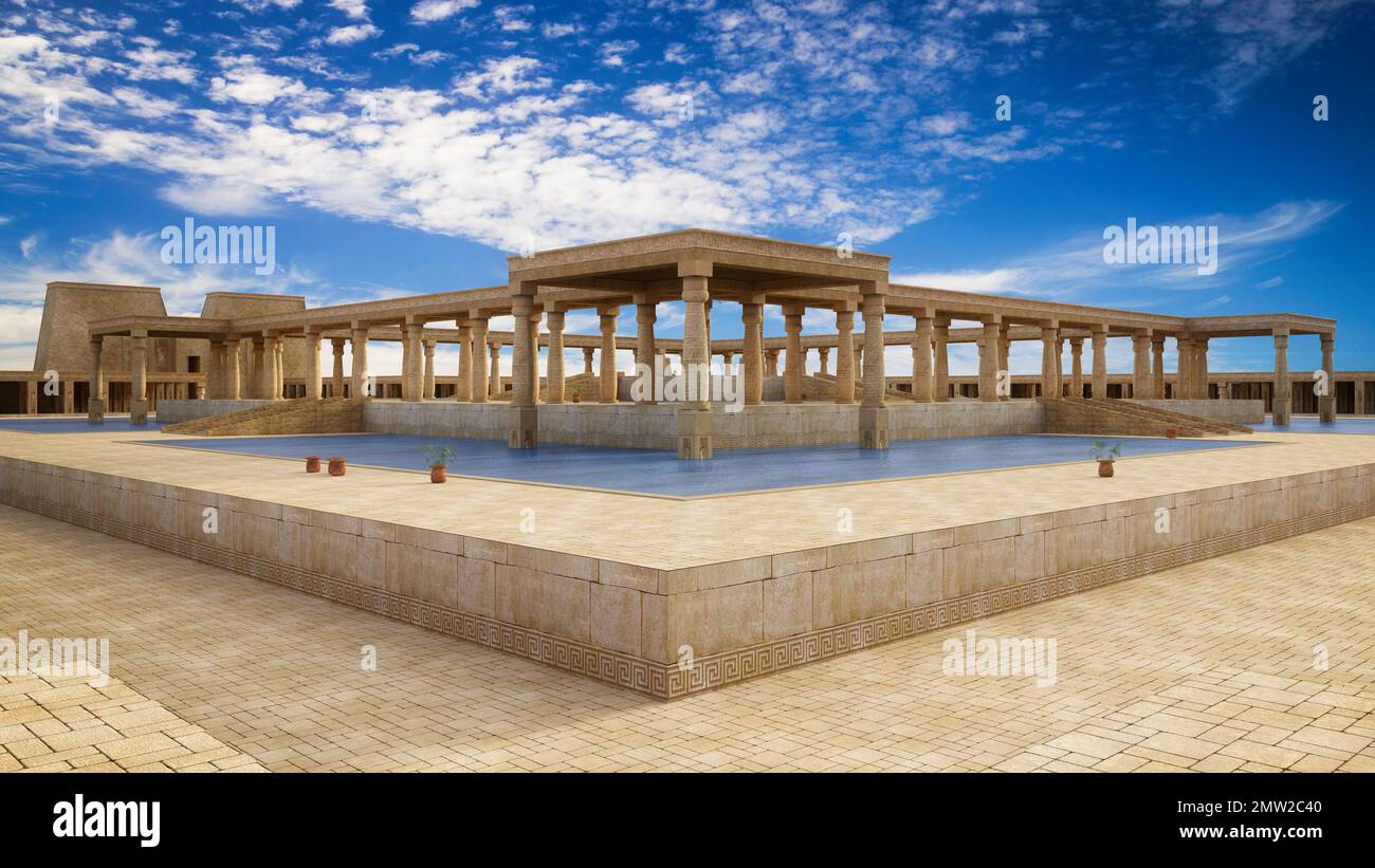 Ancient Egyptian pharaohs palace with stone columns and a large blue ...