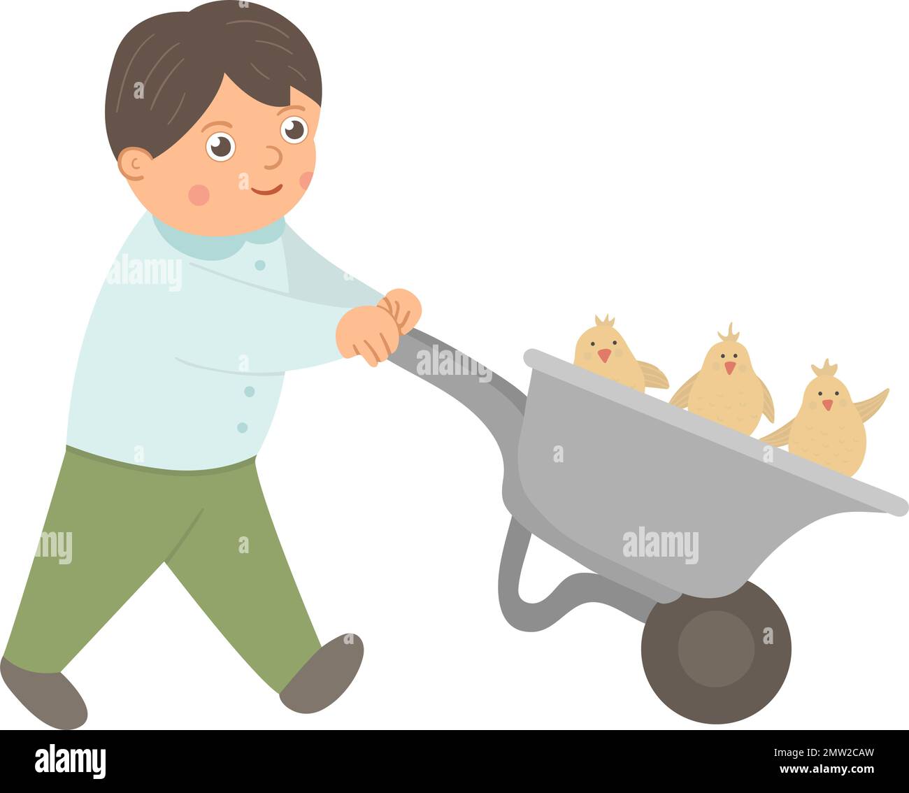 Vector happy boy driving a wheelbarrow with chicks. Easter funny ...