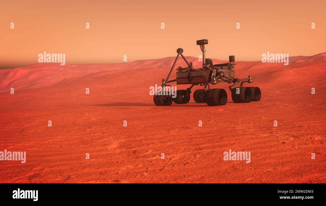 Scientific exploratory vehicle on the surface of a Mars like red sand ...