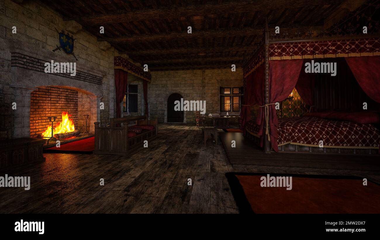 Medieval castle bedroom with four poster bed and open fireplace and ...