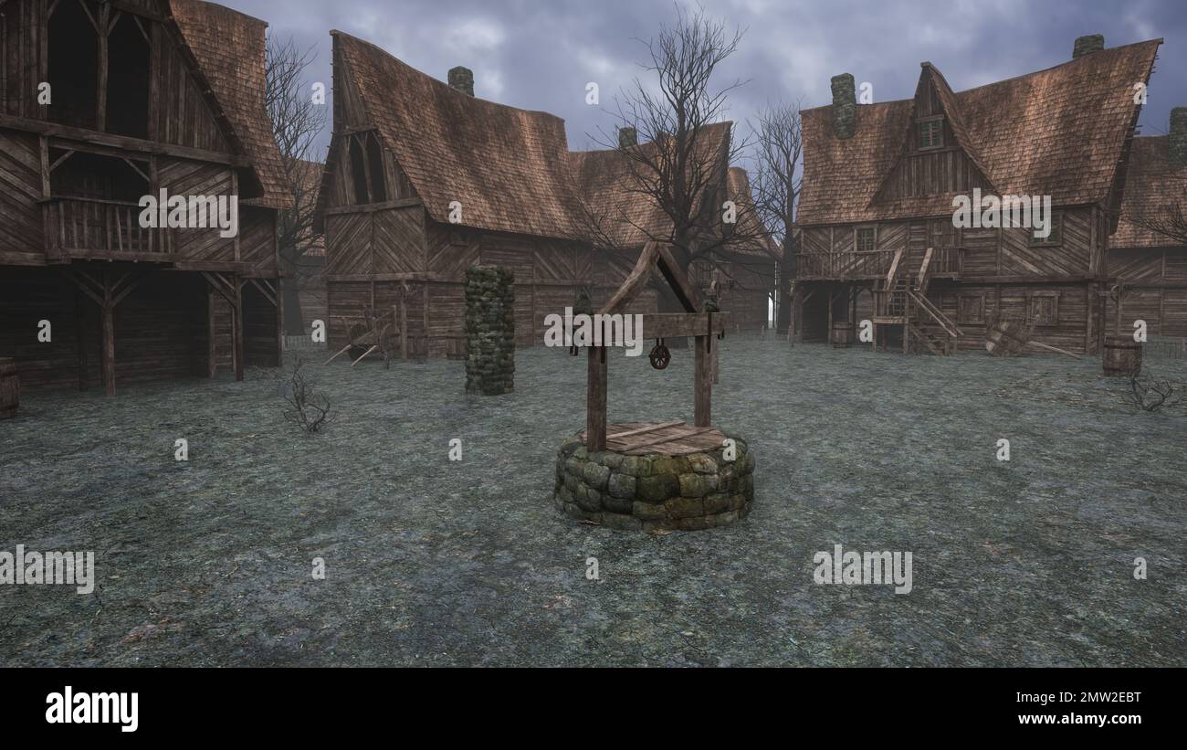 Dark foreboding empty medieval village with wooden buildings, old carts ...