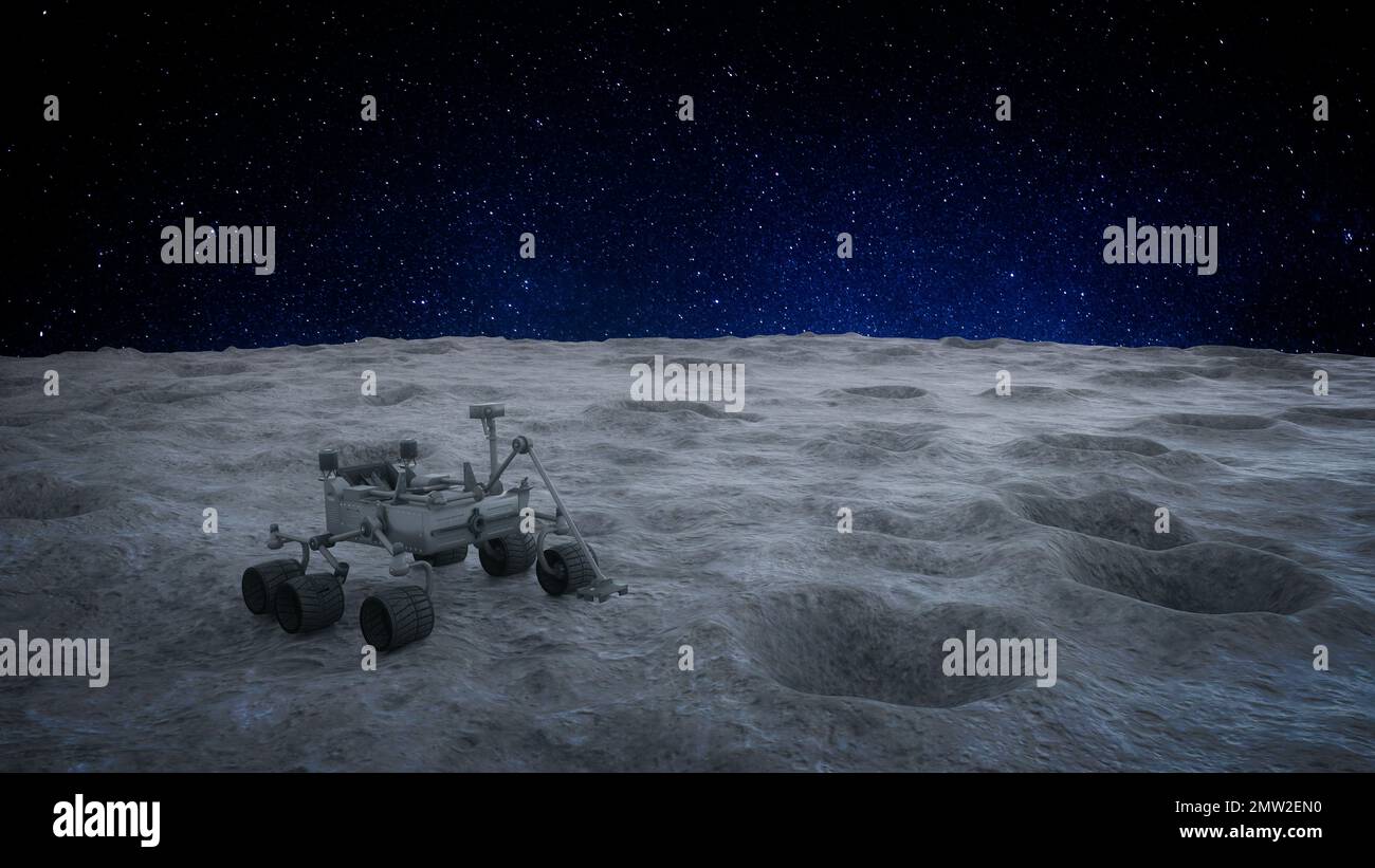 3D illustration landscape on the surface of the moon with an unmanned ...