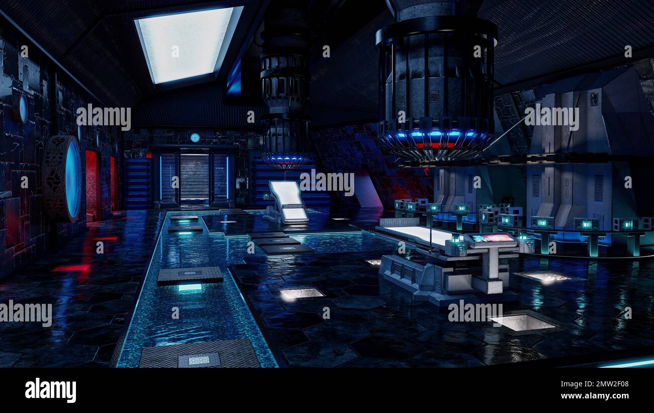 Dark atmospheric futuristic science fiction alien technology lab room ...