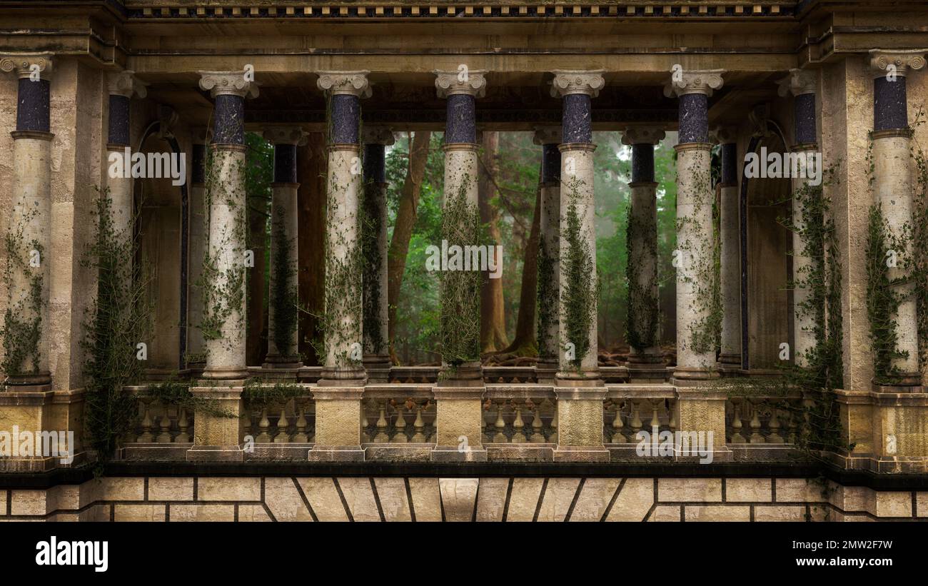 Old stone medieval castle balcony or bridge with columns and arches. 3D ...