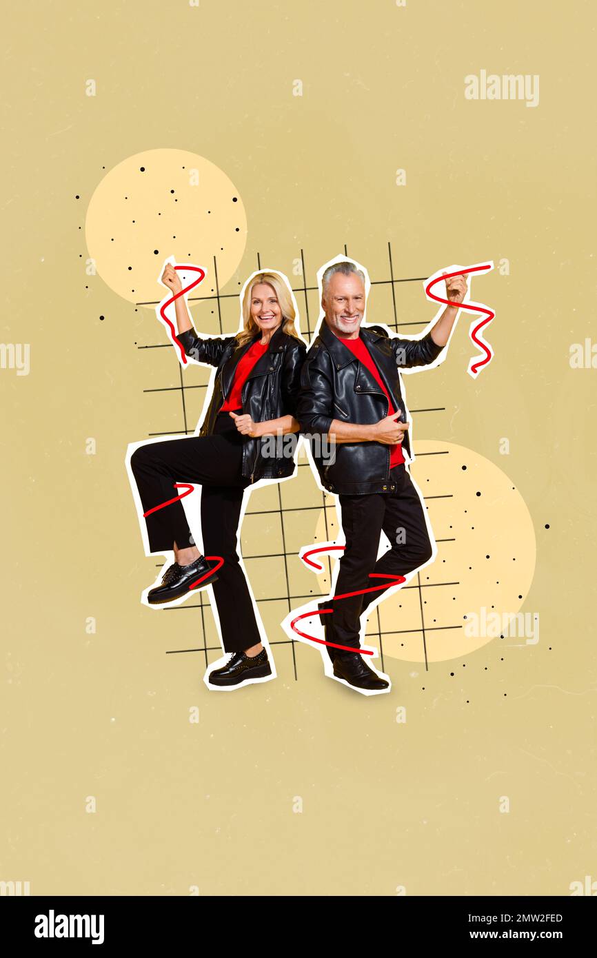 Vertical collage image of excited positive two aged people enjoy ...