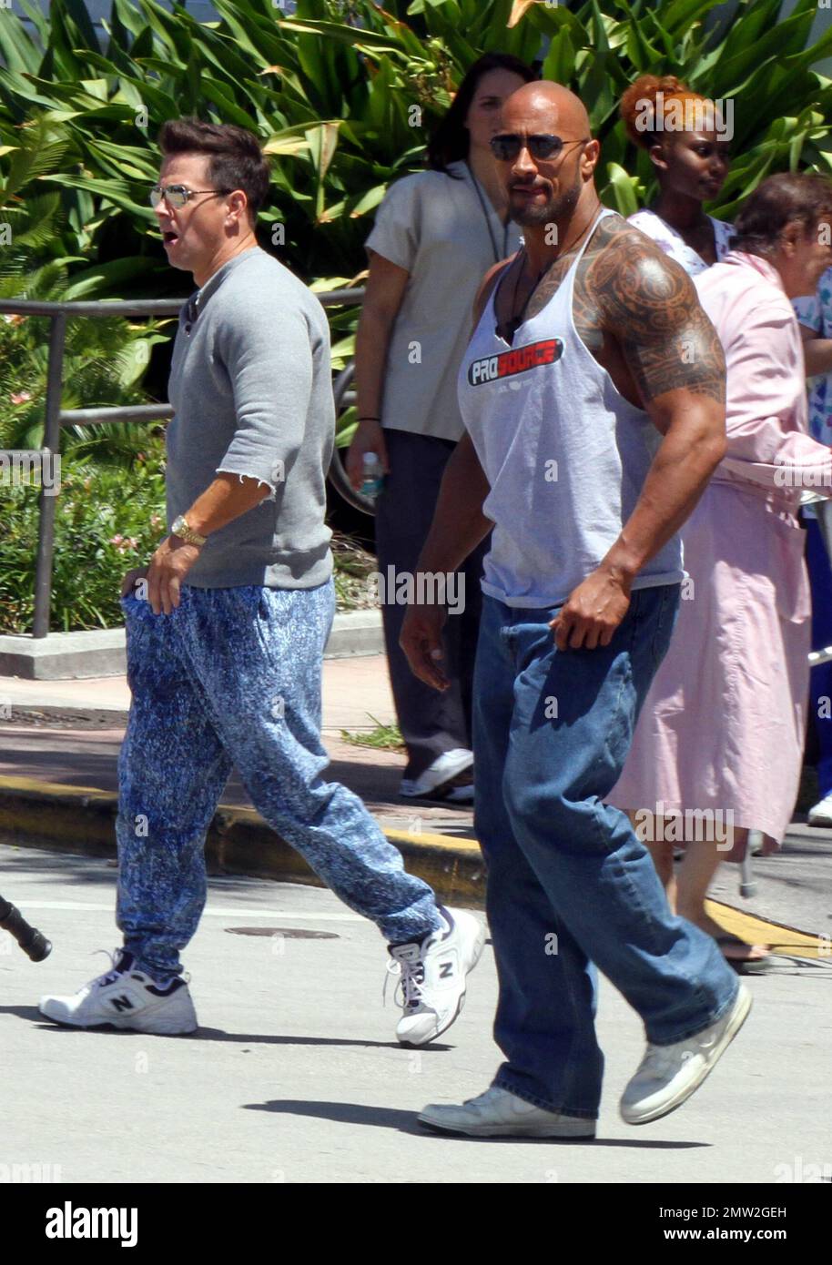 The Rock (aka Dwayne Johnson) and Mark Wahlberg film scenes on location ...