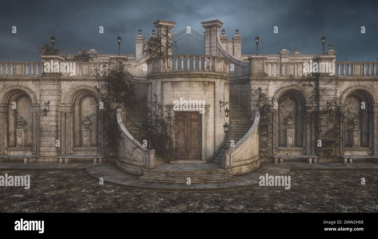 Dark moody old ivy clad stone mausoleum building under stormy grey sky ...