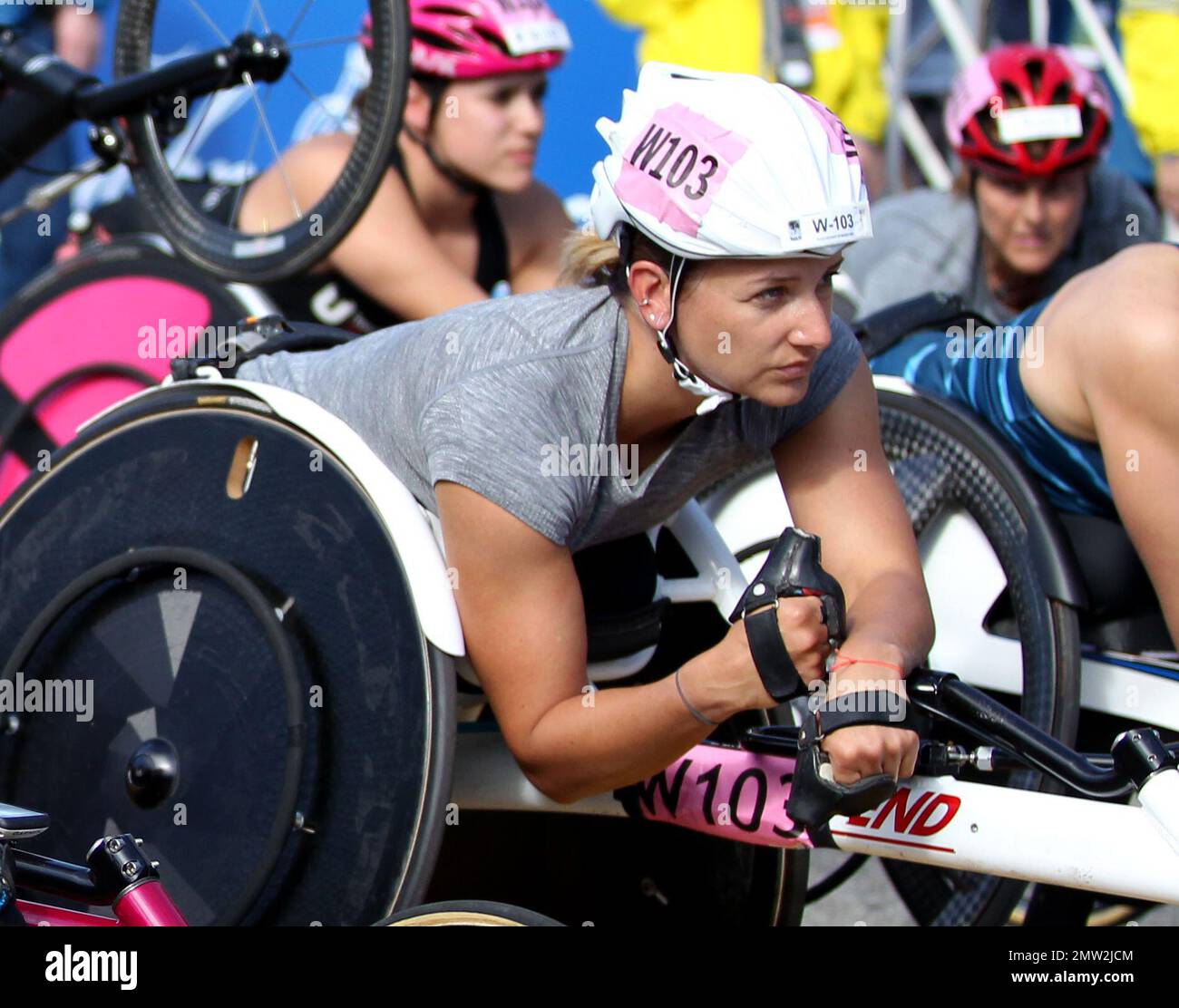 Manuela Schar, of Switzerland, looks on from the starting line of the ...