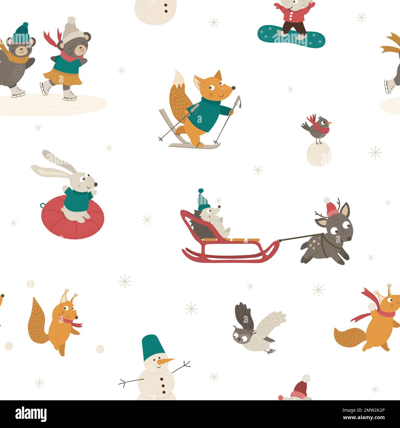 Vector seamless pattern with cute woodland animals doing winter ...