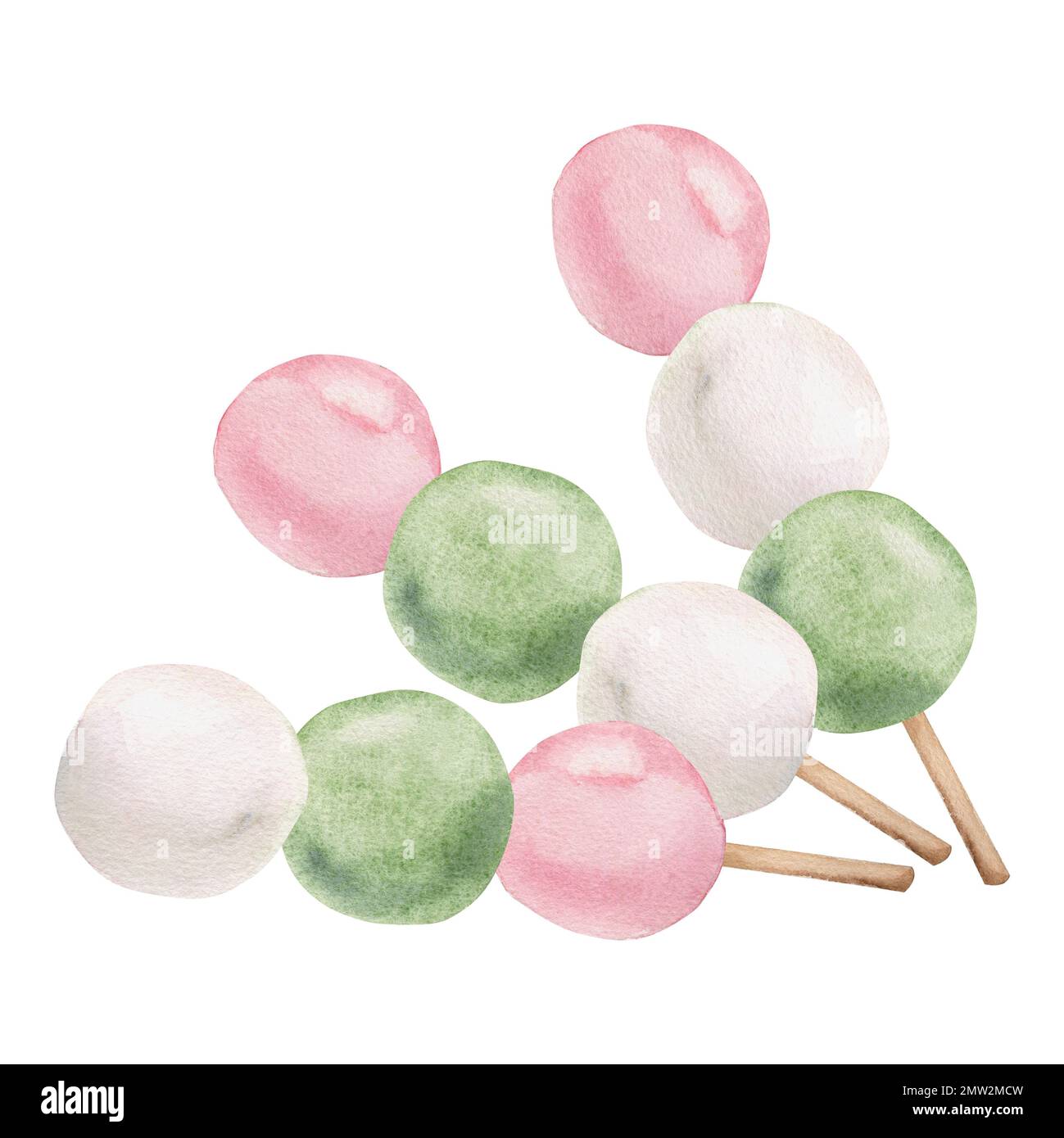 Watercolor hand drawn traditional Japanese sweets. Three color dango ...