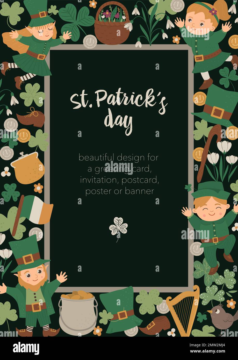 Vector Saint Patrick Day vertical layout frame with leprechaun ...