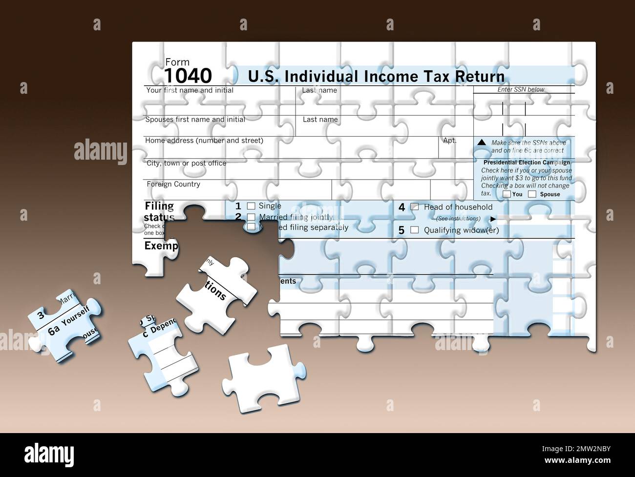 A U.S. Federal 1040 income tax form is seen as a jigsaw puzzle with ...