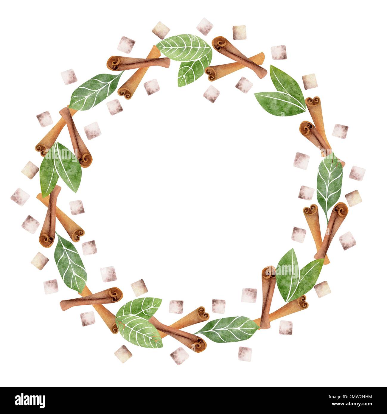 Watercolor hand drawn circle frame wreath with coffee leaves, beans ...