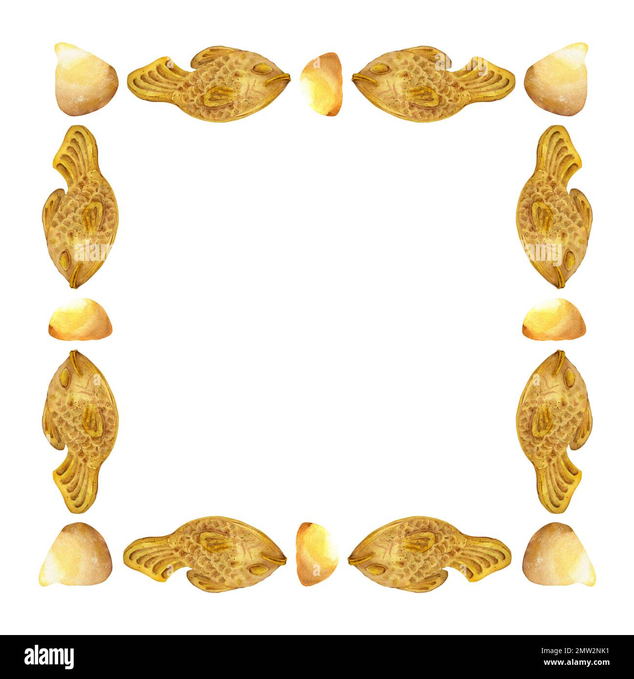 Watercolor hand drawn traditional Japanese sweets. Square frame of ...