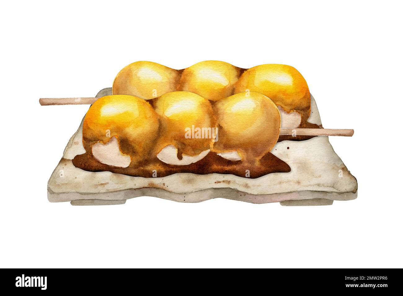 Watercolor hand drawn traditional Japanese sweets. Ceramic dish with ...