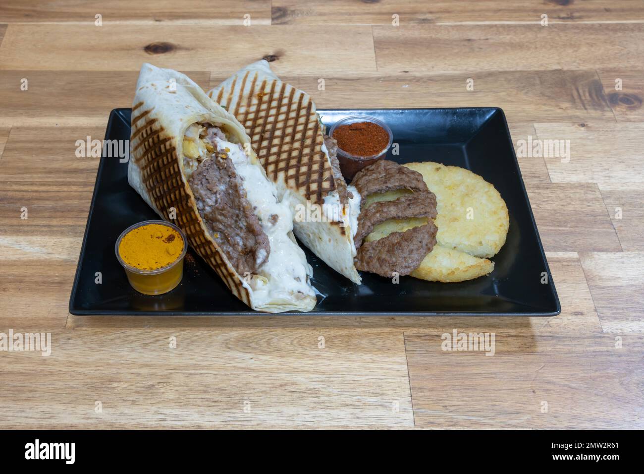 Mexican dishe culinary Still Life. Tacos with meat, fried egg, potatoes ...