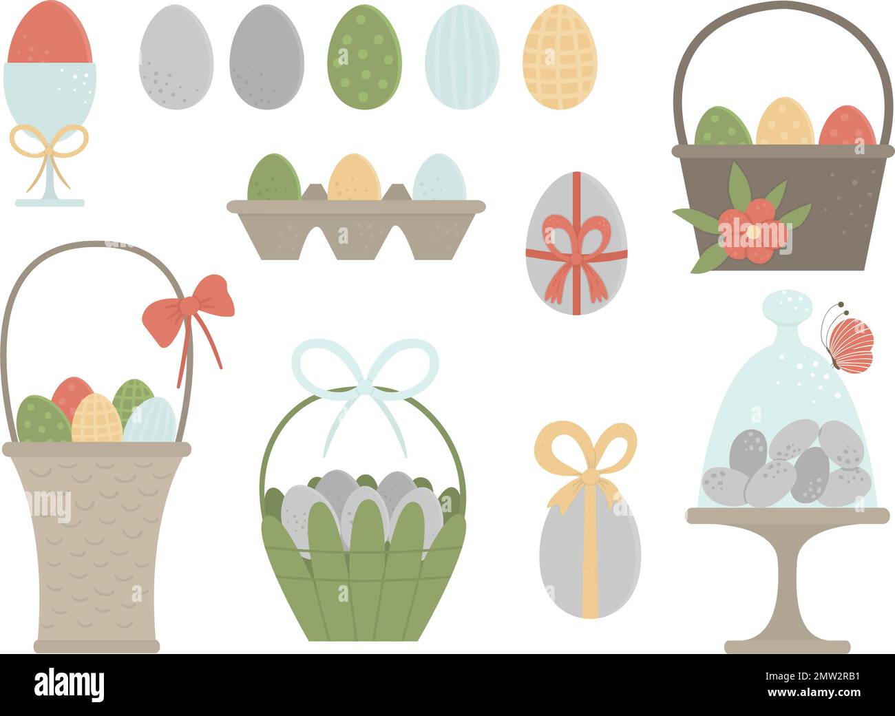 Vector set of colored eggs, baskets, egg-cup, packaging with bows, butterfly and flowers. Easter ...