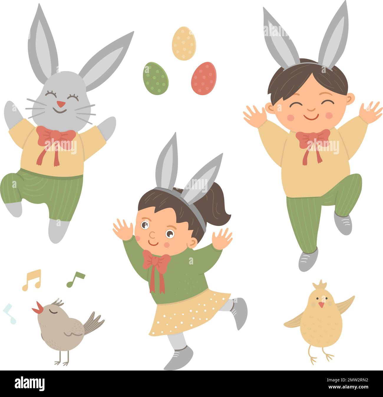 Vector set of cute funny bunny and happy children with ears, colored ...