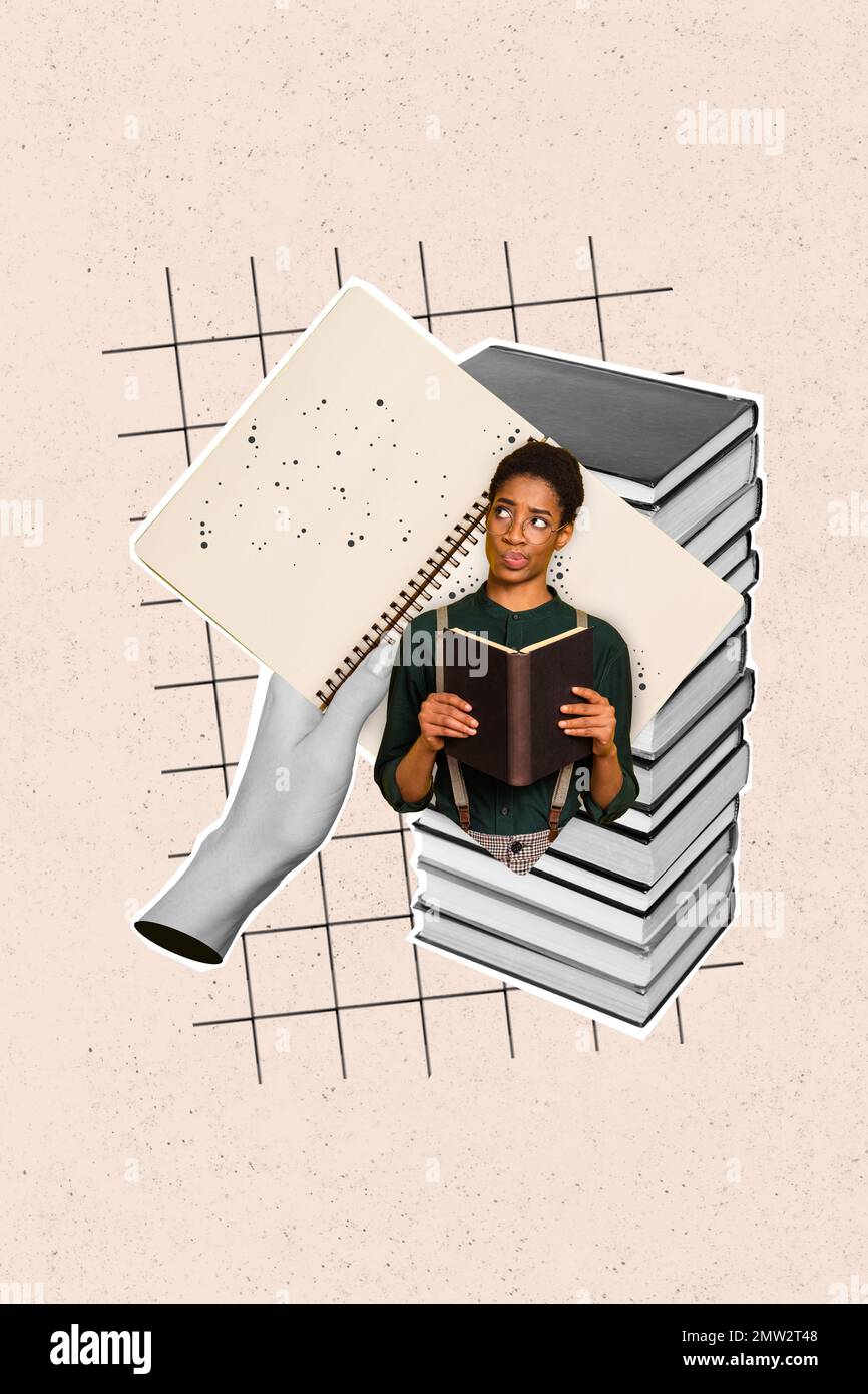 Vertical collage picture of black white colors hand hold notepad mini ...